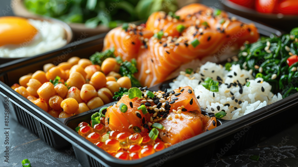 typical lunch box with traditional Healthy food is divided into ...