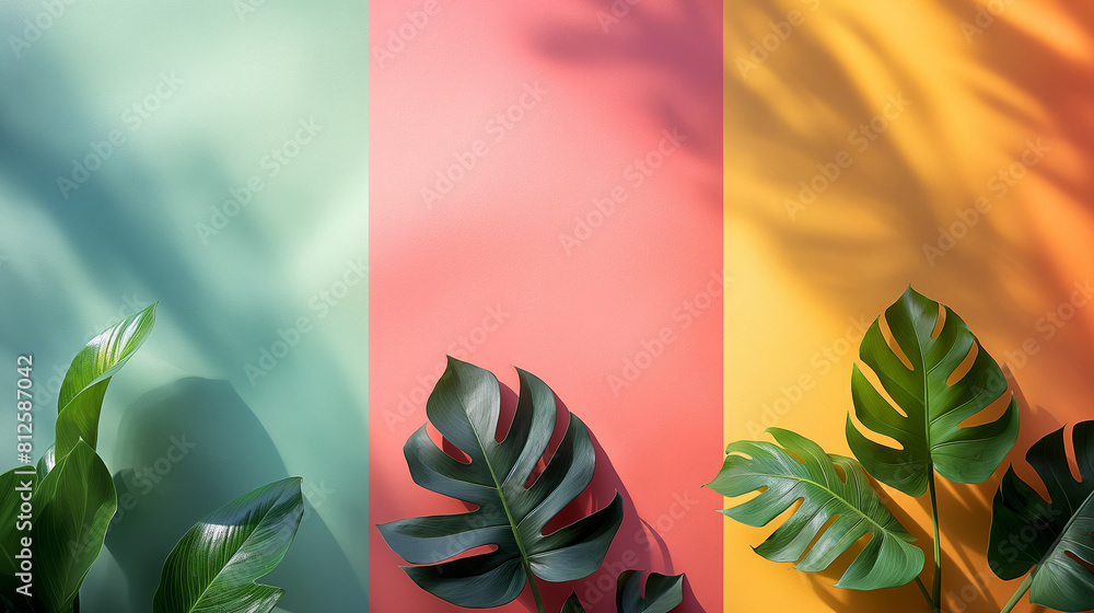 Colorful background with tropical leaves and shadows. Three vertical ...