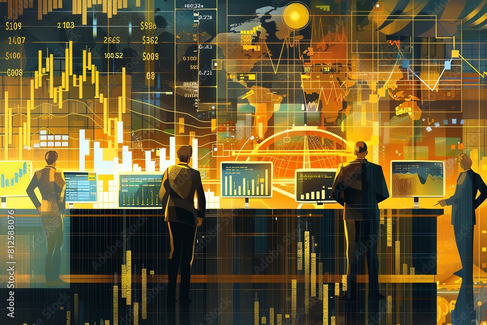 Illustrate a flat-style 2D image featuring a rear view of traders ...