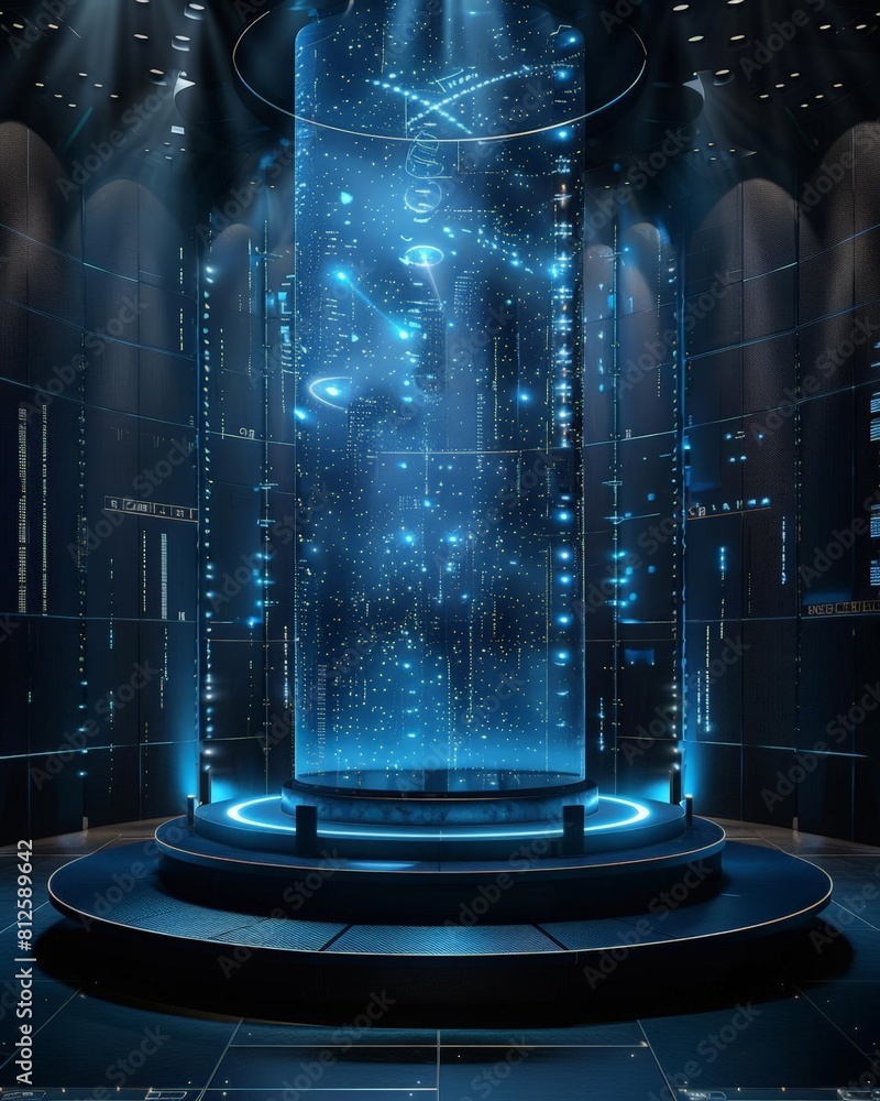 Hightech product display with a sleek black podium against a backdrop ...