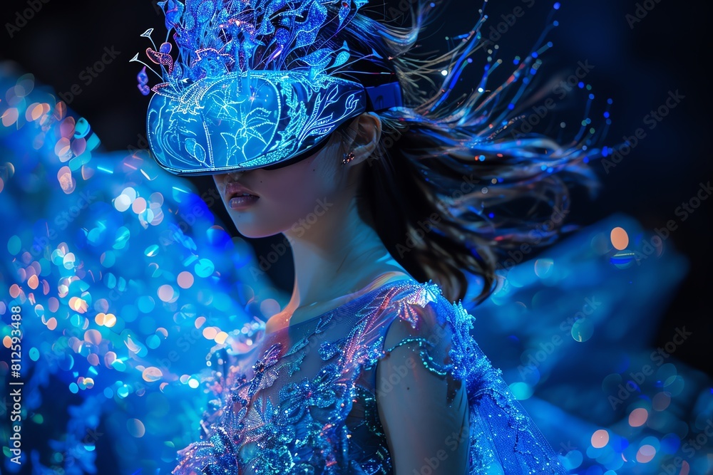 Visualize a chrome-plated, holographic gown merging surrealism with ...