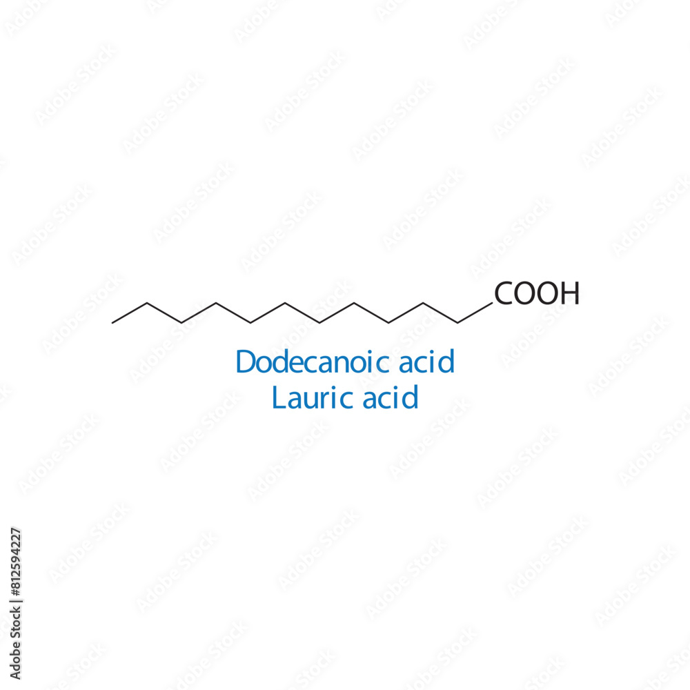 Dodecanoic acid, Lauric acid molecule skeletal structure diagram.fatty ...