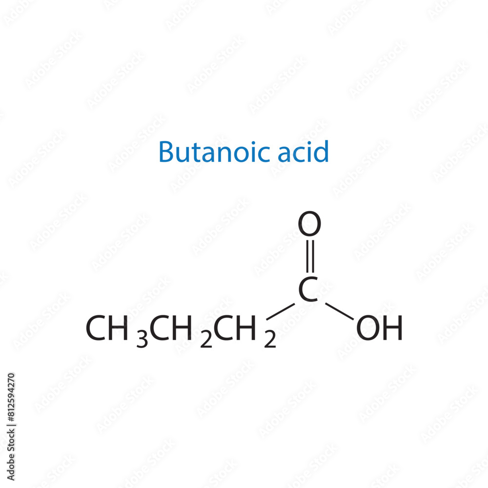 Butanoic acid molecule skeletal structure diagram.organic compound molecule scientific ...