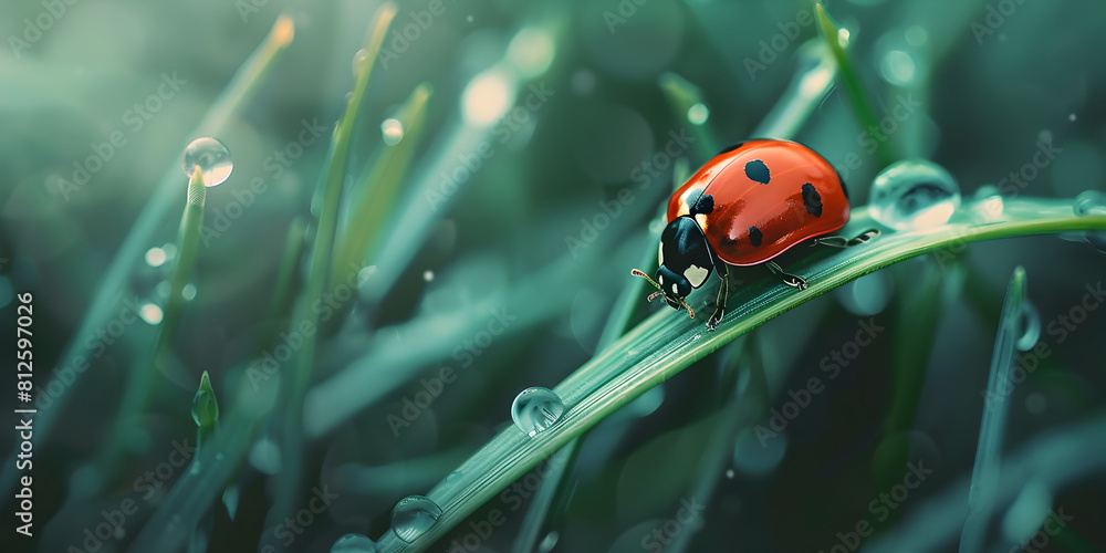 Ladybug on a blade of grass in morning in sparkling dew drops macro in ...