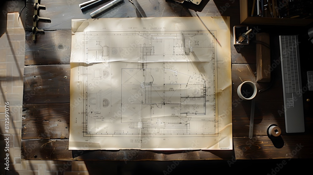 Blueprint plan of technical drawing on engineering desk with office ...