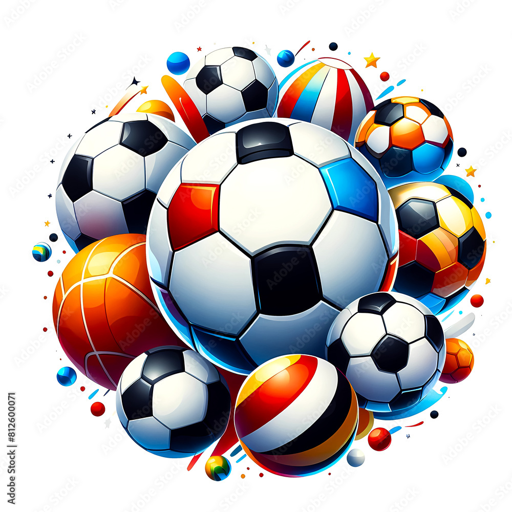 Vector illustration of a group of soccer balls of various colors and ...