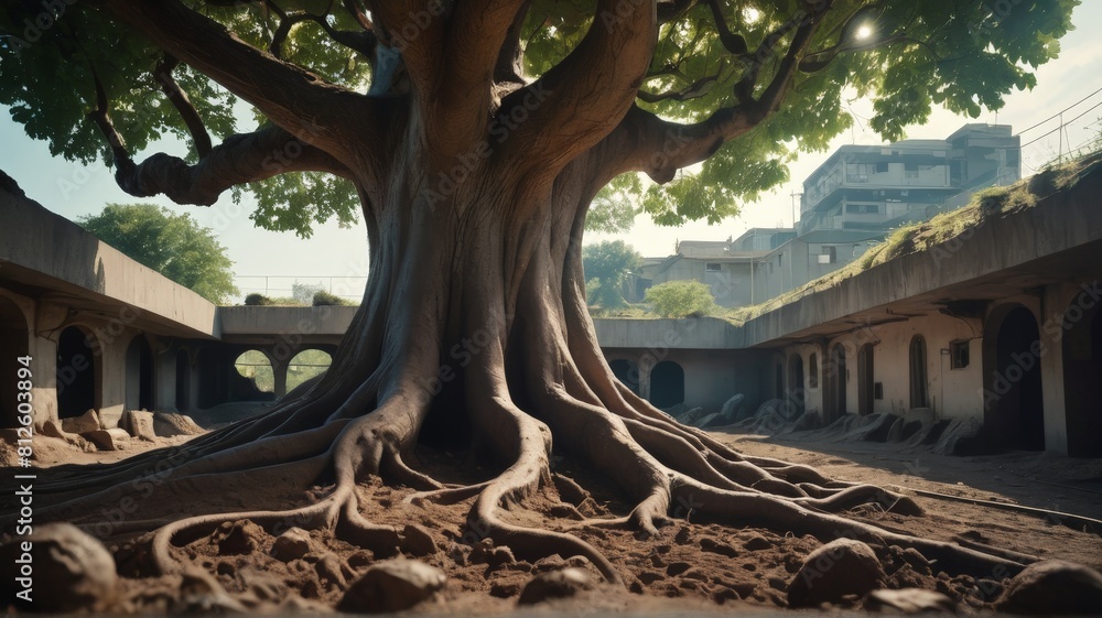 Large tree above, large roots from the tree beneath, Blue Sky ...