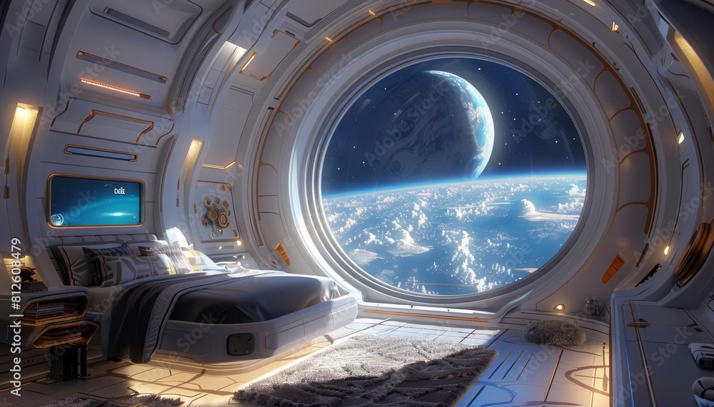 Visualize a luxurious space hotel orbiting Earth, with large viewing ...