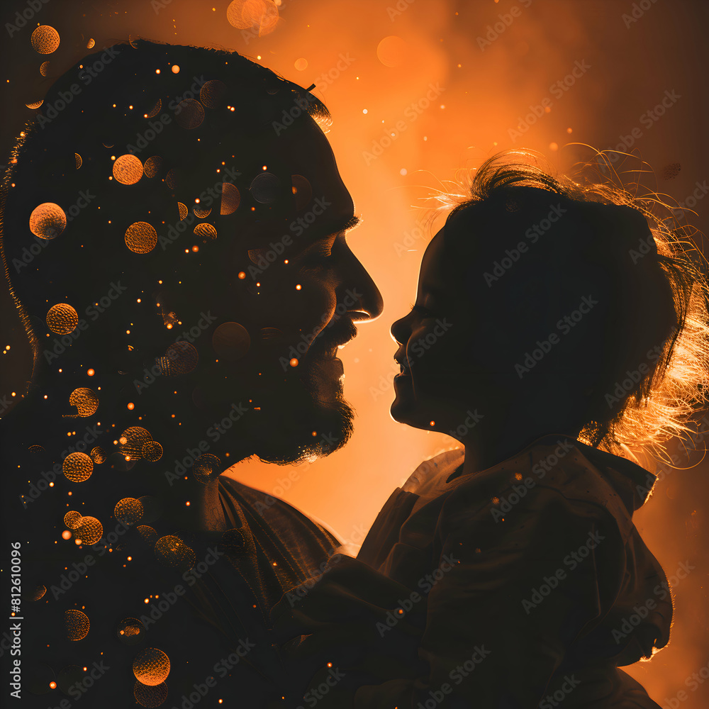 Father bonding kiss and girl and boy child hug happy in nature with ...