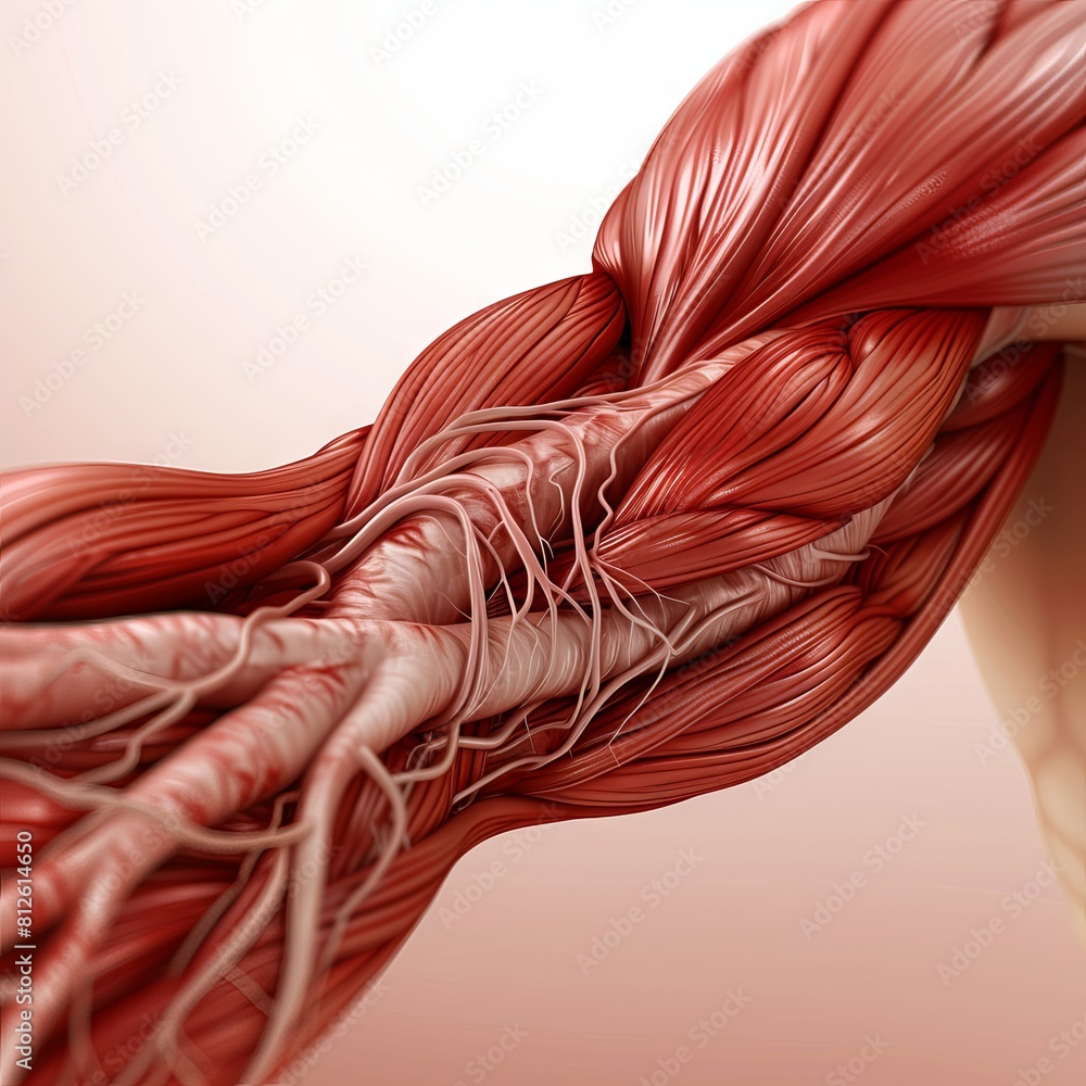 The image shows the detailed structure of human arm muscles and blood ...