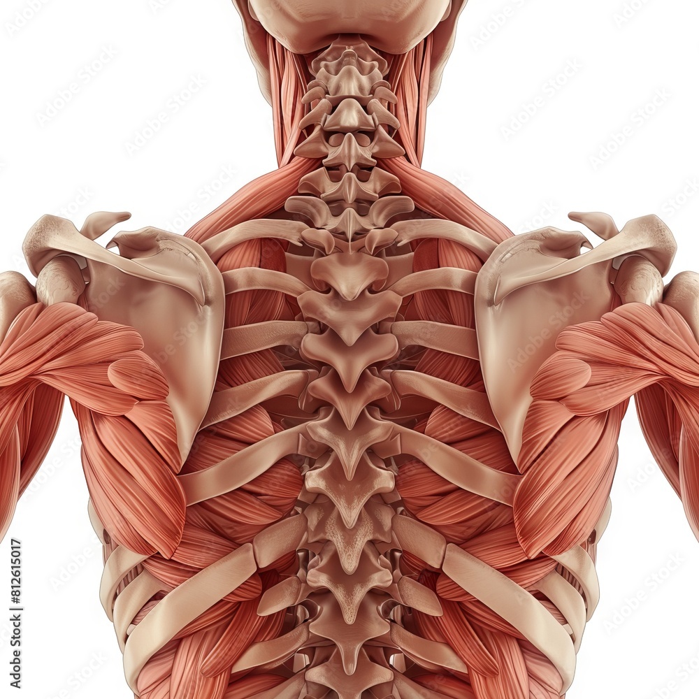 This is a detailed diagram of the back muscles and spine. Stock ...