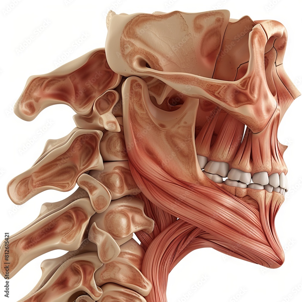 This is a detailed diagram of the human skull and neck muscles. Stock ...