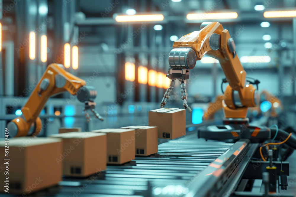 Automatic robot arm sorts cardboard boxes on a conveyor line. AI ...