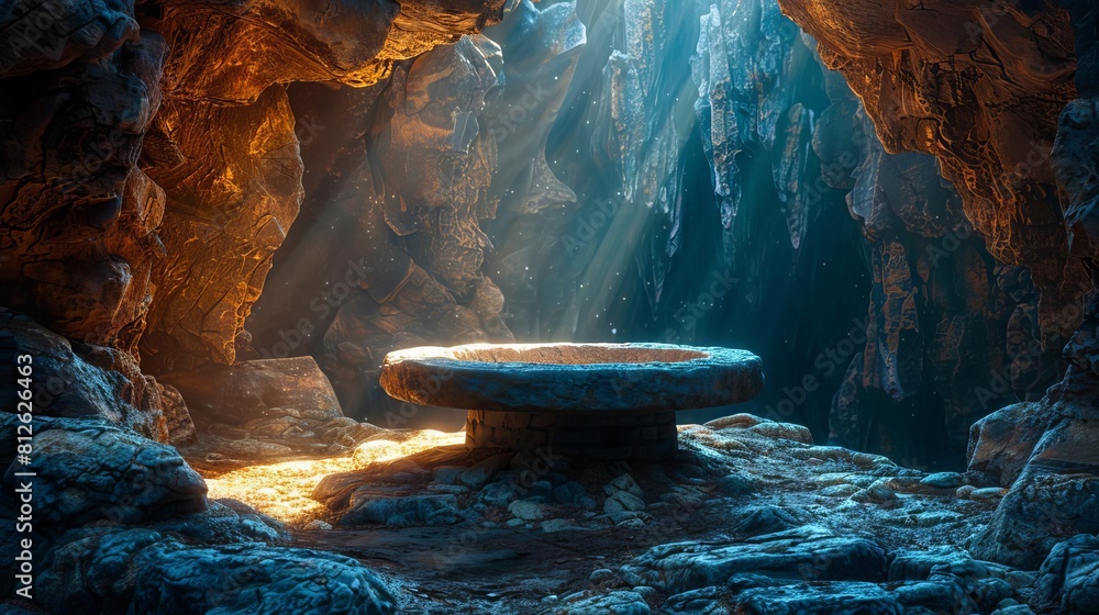 Visualize the Holy Grail resting on an ancient stone altar, bathed in a ...