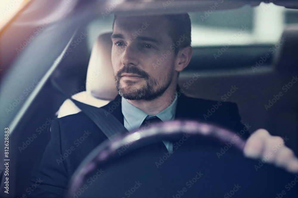 Businessman, thinking and driving in car for travel for commute to ...