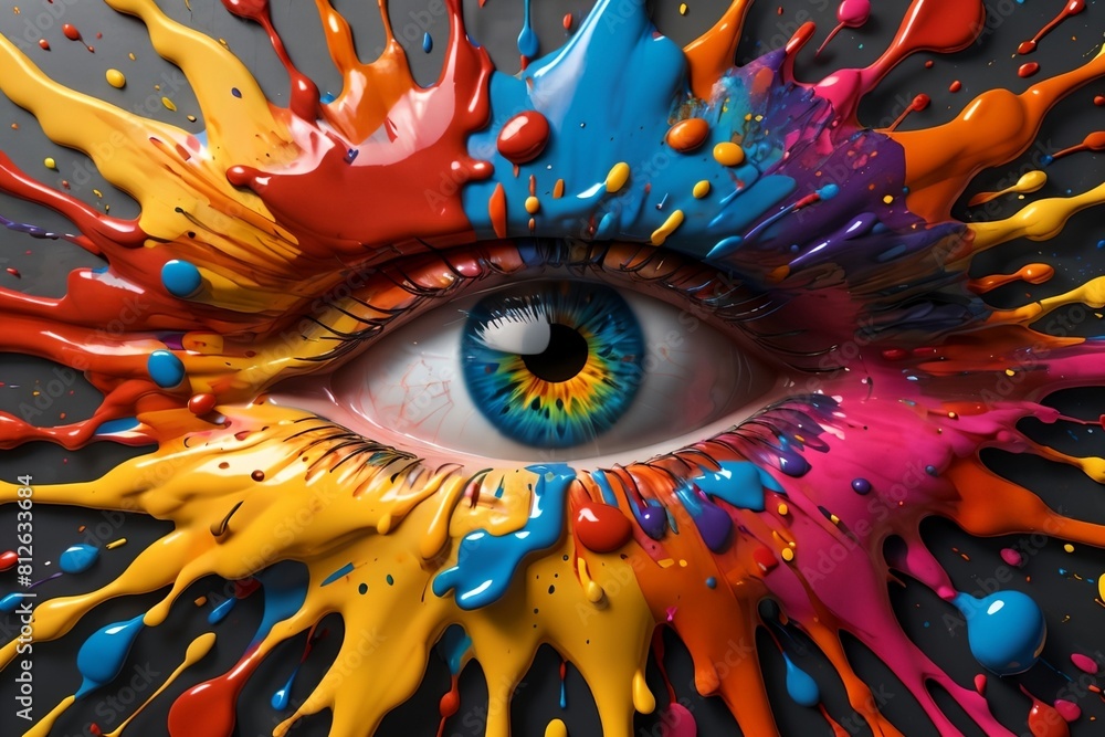 a human eye surrounded by a vibrant explosion of colorful paint ...