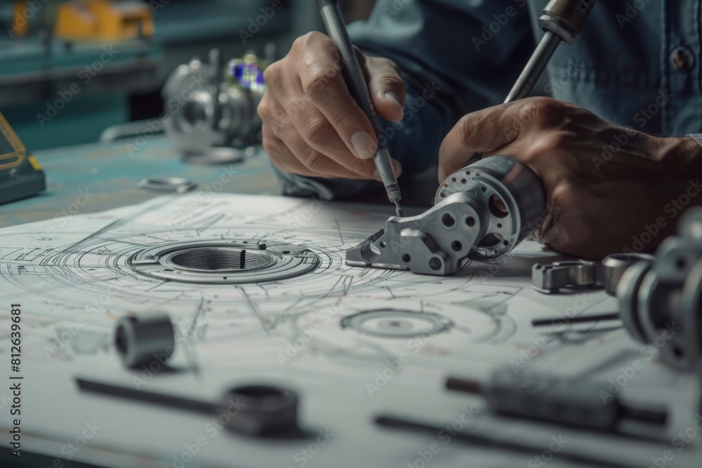 Engineer technician designing drawings mechanical parts engineering ...
