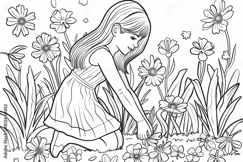 Cute spring girl picking flowers coloring page for kids Stock ...
