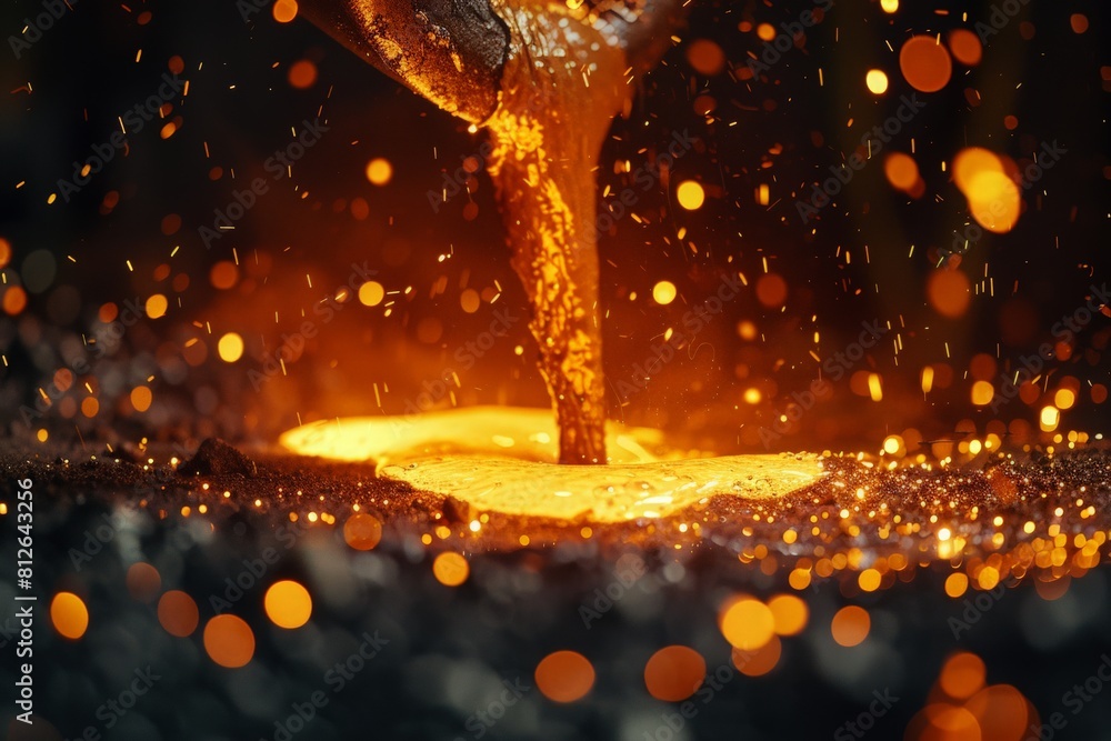 Light from high temperature Iron molten metal pouring in green sand ...
