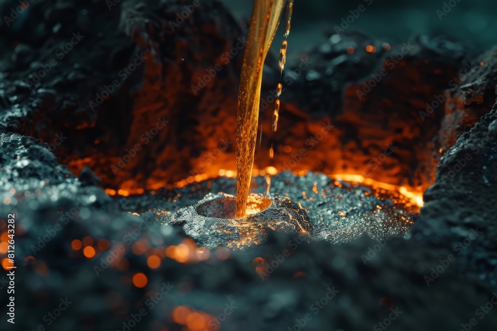 Light from high temperature Iron molten metal pouring in green sand ...