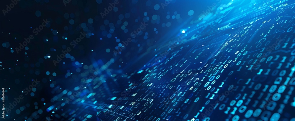 A high-tech image of binary code flowing in a blue digital data stream ...