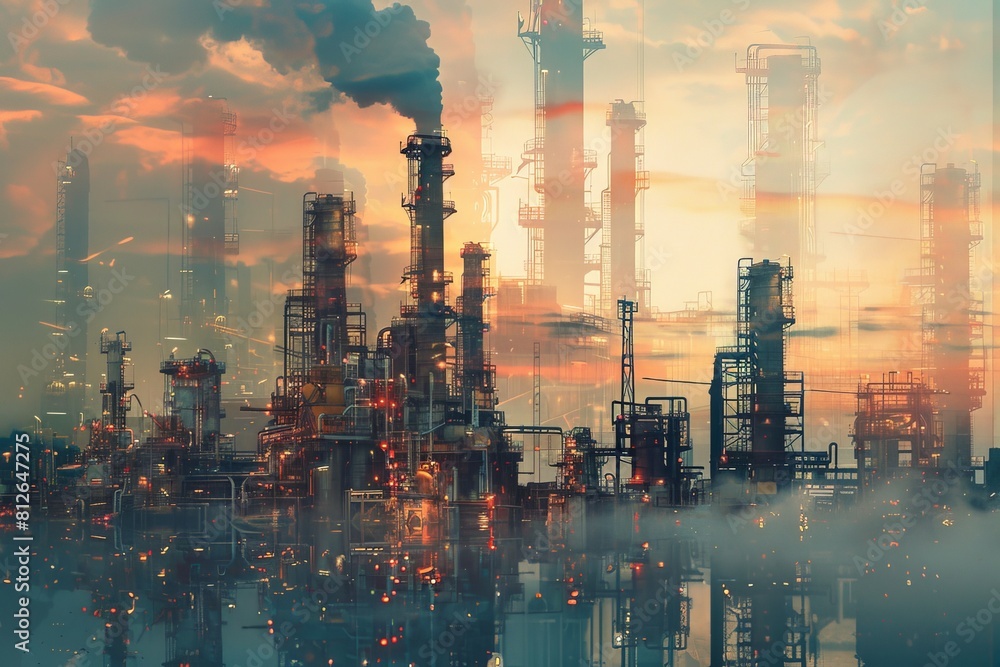 Future factory plant and energy industry concept in creative graphic ...