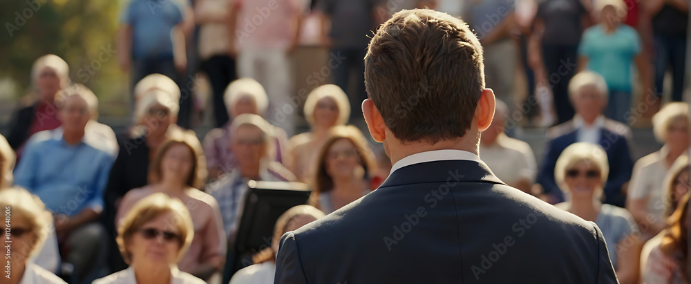 Rear View Portrait of a Male or man politician giving a speech at ...