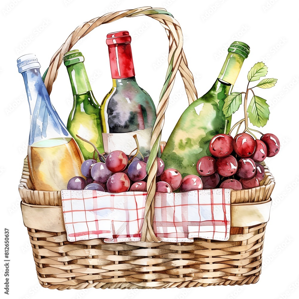 A beautiful watercolor painting of a picnic basket filled with wine ...