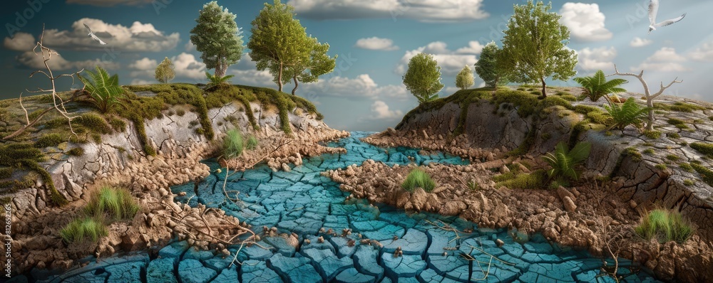 A dry, cracked riverbed snaking through a once lush rainforest, where ...