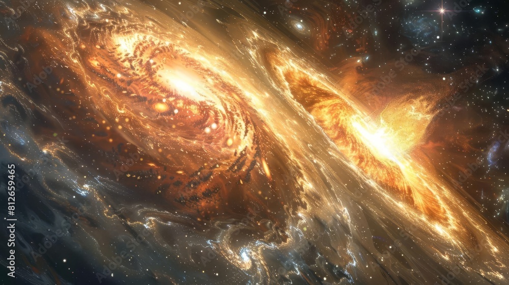 Conceptualize a cosmic collision between two galaxies, resulting in a ...