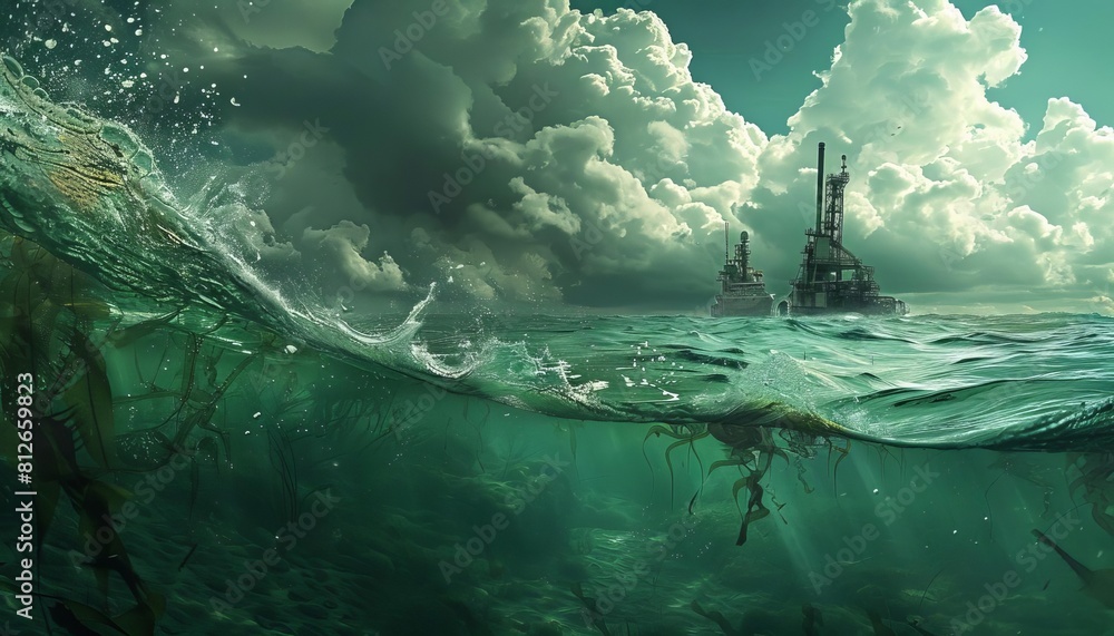 Conceptualize a marine biotechnology scene where algae are being ...