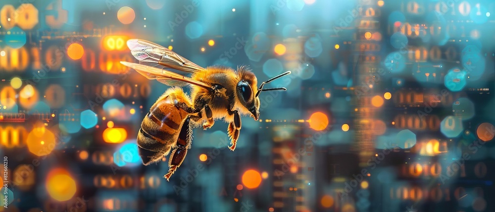 Bee flying across a digital cityscape in a side view, mimicking data ...