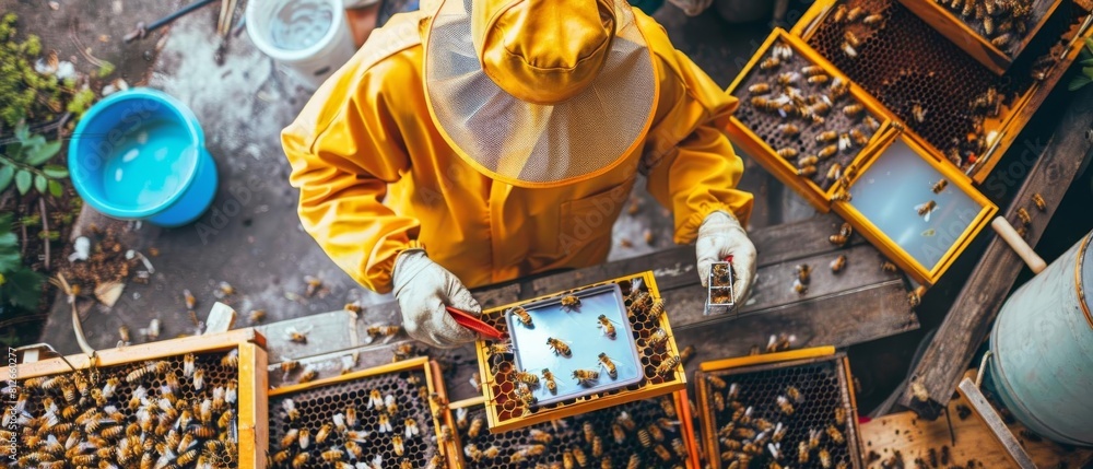 Beekeeper using digital tools to monitor hive health in a top view ...