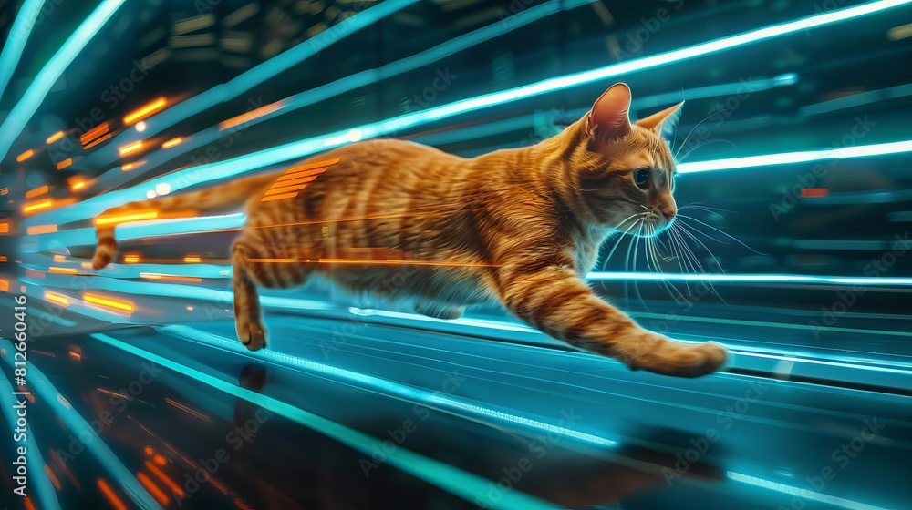 Cat sprinting across a digital racetrack displayed on a massive screen ...