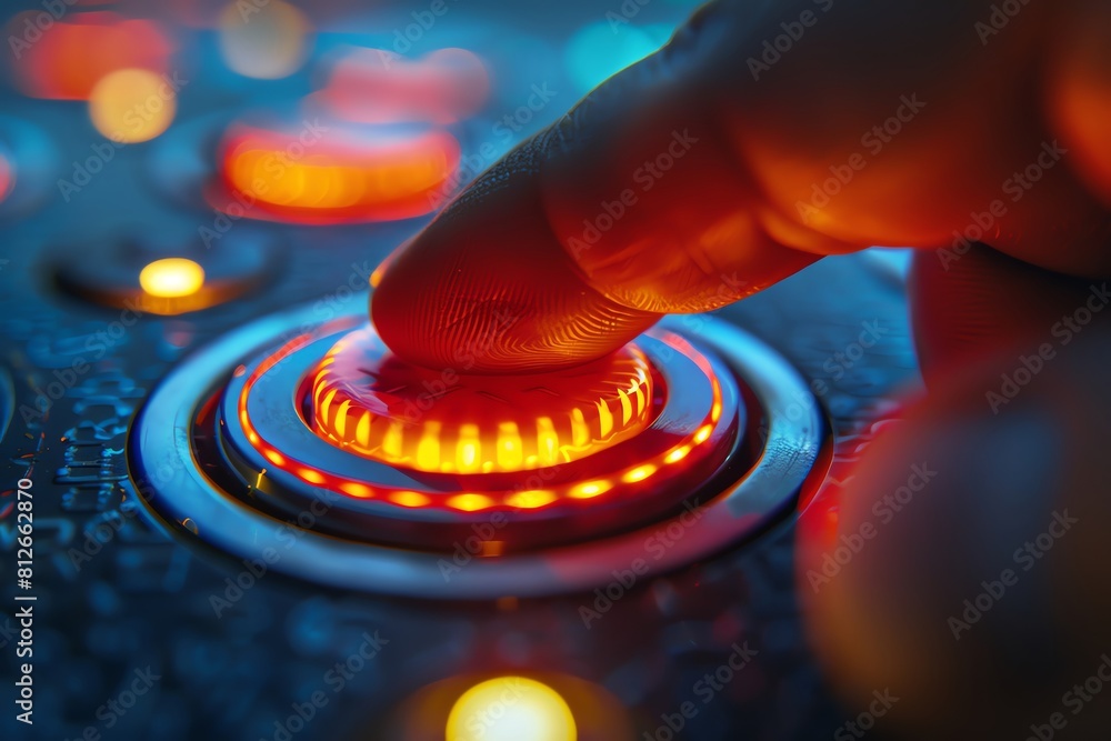 A finger is about to press a red button. The button is glowing and the ...