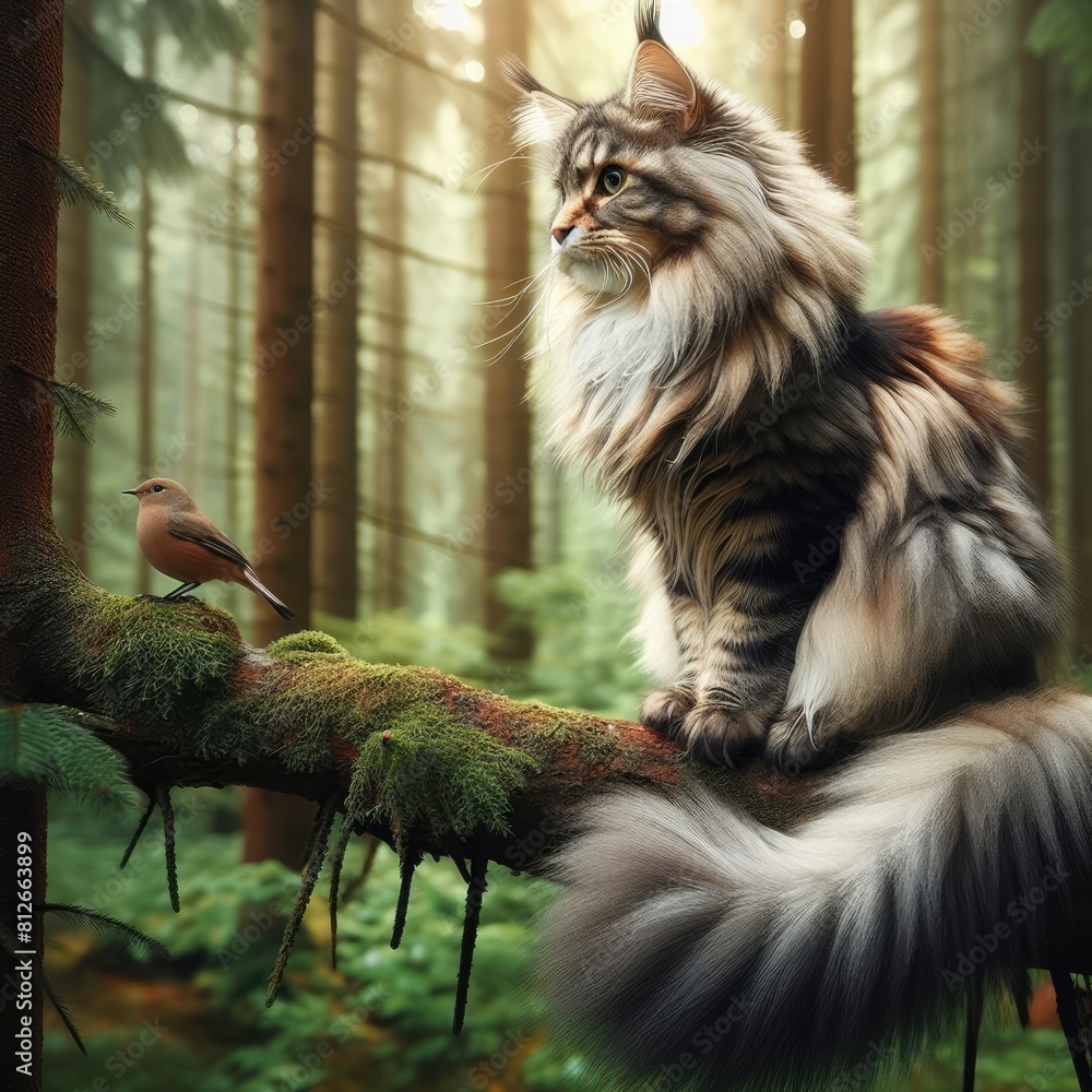 A maine coon cat sitting on a branch in the woods image realistic photo ...