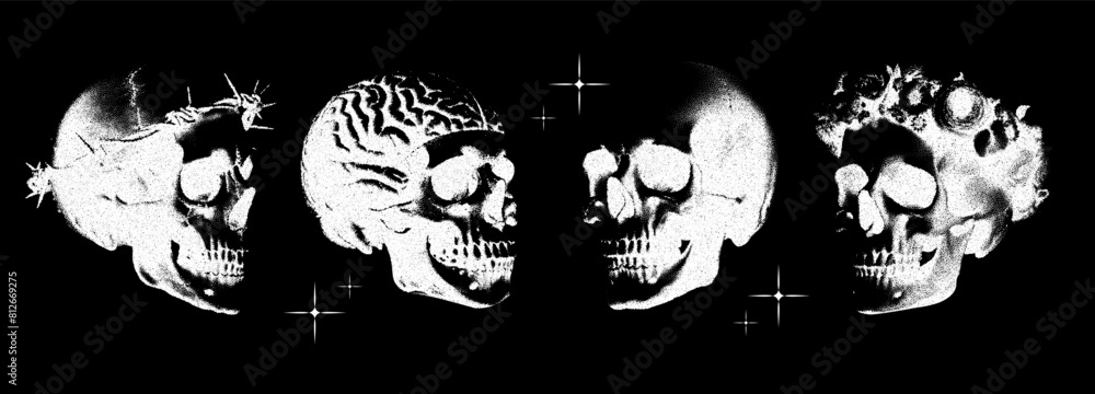 Trendy grunge texture human skull set with a retro halftone grain ...