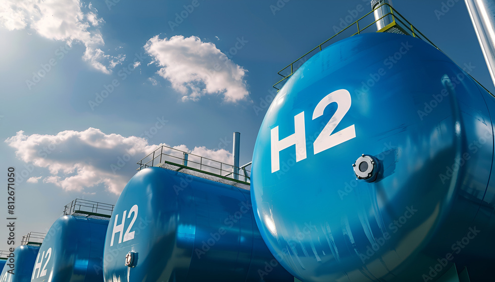 Large storage tanks with H2 and HYDROGEN labels on a blue sky ...