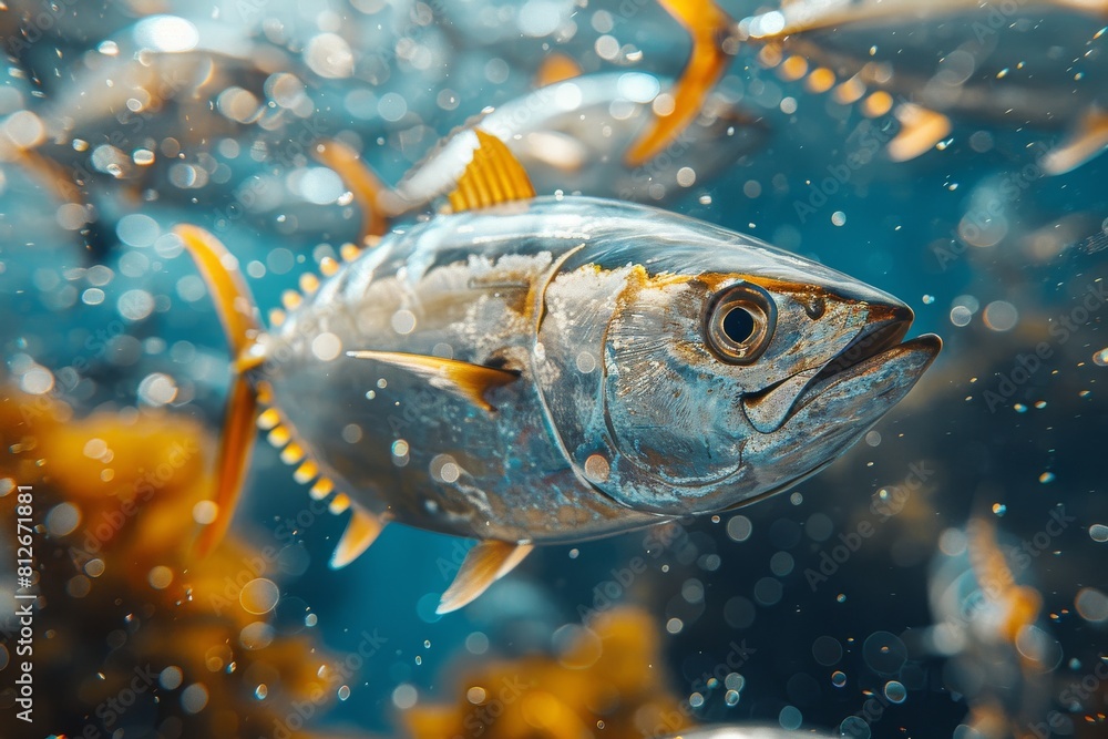 Detailed capture of a tuna fish surrounded by bubbles and fellow sea ...