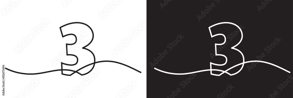 Number 3 line art silhouette. One line continuous outline vector ...