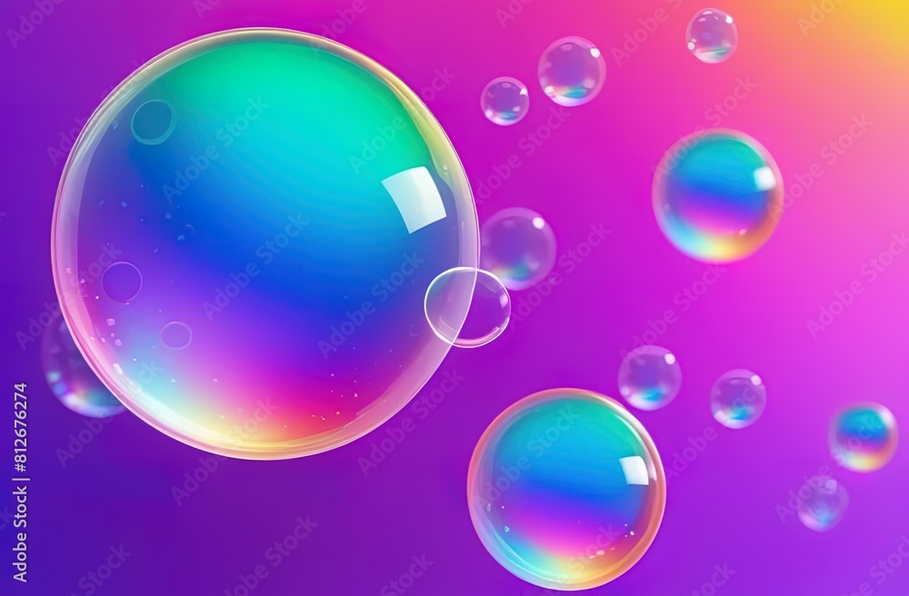 color soap bubbles background. Iridescent balloon bubble on pastel background with gradient. A ...