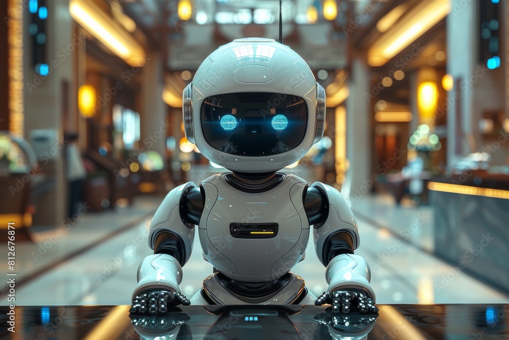 At the bustling center of a futuristic city, a humanoid robot stands ...