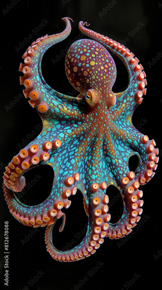 octopus in the art style of bold colors and quilted patterns, whimsical ...