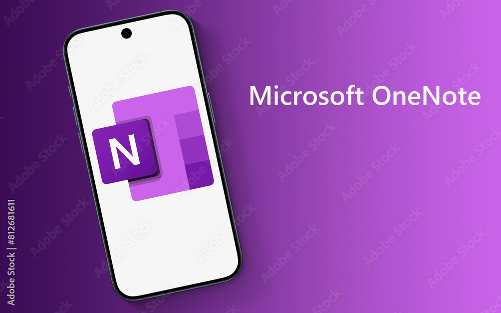 OneNote logo displayed on a modern smartphone laying on a purple ...