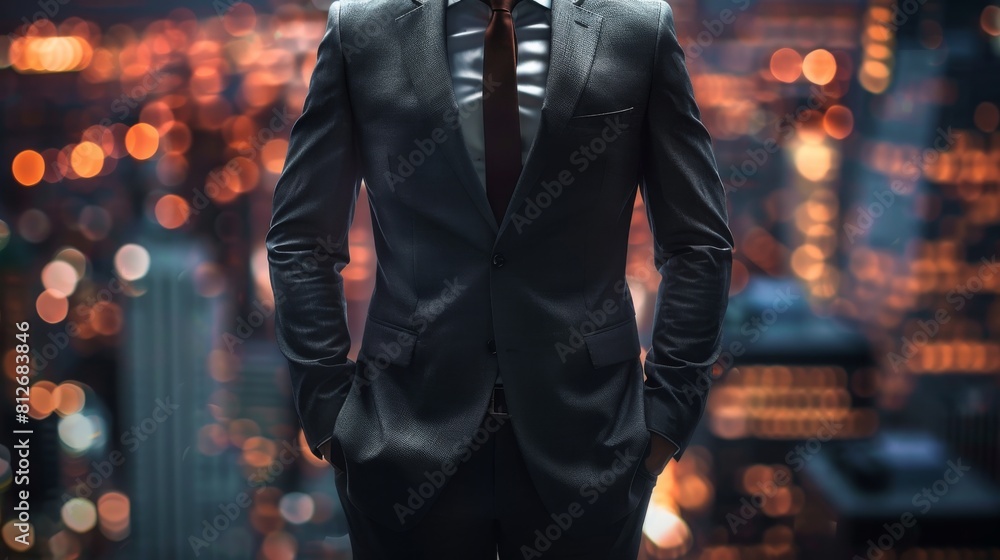 Professional male CEO in a charcoal grey suit, torso only visible ...
