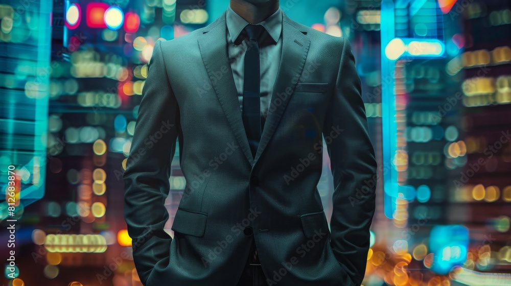 Professional male CEO in a charcoal grey suit, torso only visible ...