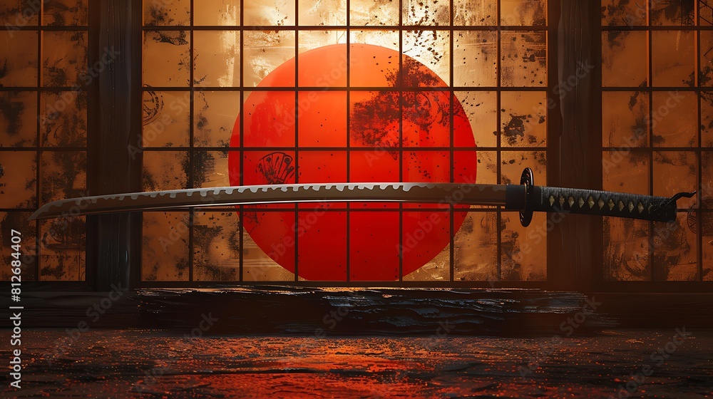 Soul of Japan Japanese sword, sunset, full moon and sunrise,日本の魂 日本刀と夕日 ...