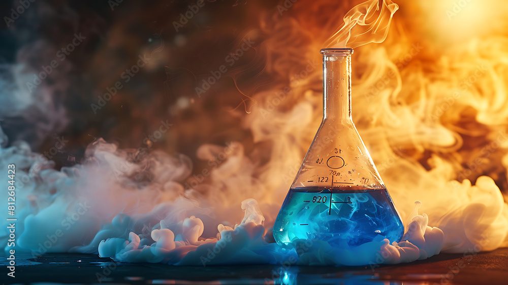 Chemical Reaction: Erlenmeyer Flask Igniting with Smoke and Vapors ...