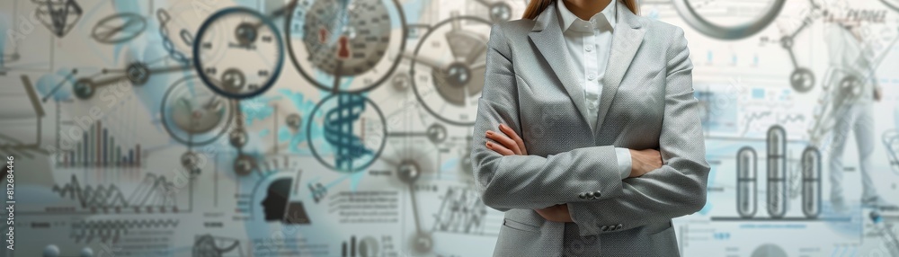 Professional female CEO in a light grey suit, torso only visible ...