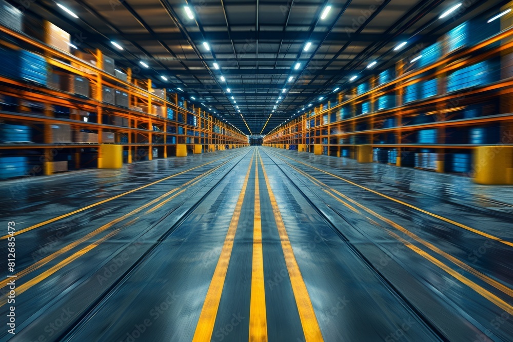 Long perspective view of a modern warehouse interior with racks filled ...